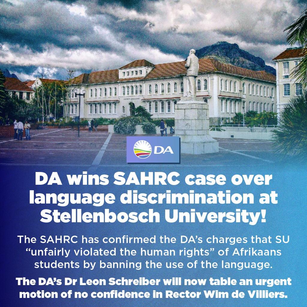 DA wins SAHRC case over language discrimination at Stellenbosch ...