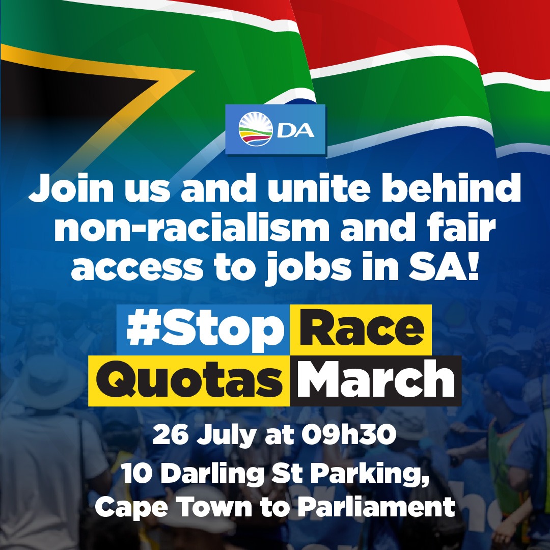 DA set to march against ANC’s race quotas in Cape Town